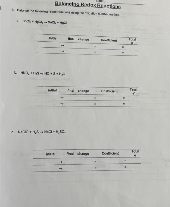 Solved 1. Balance the following redox reactions using the | Chegg.com