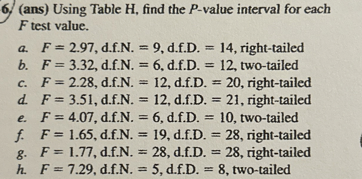 Solved (ans) ﻿Using Table H, ﻿find the P-value interval for | Chegg.com