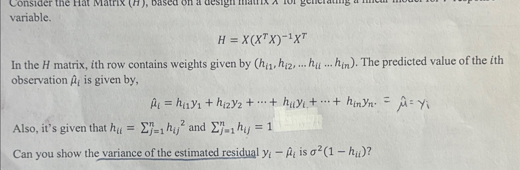 Solved Consider the Hat matrix (H) ﻿based on the design | Chegg.com