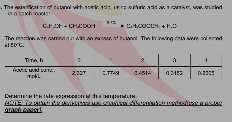 Solved . The esterification of butanol with acetic acid, | Chegg.com
