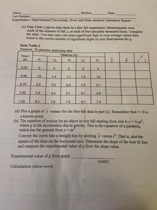 Solved Name Section Date Lab Partners Experiment 1 | Chegg.com