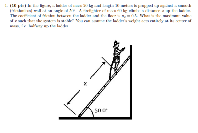 Solved (10 pts) In ﻿the figure, a ladder of ﻿mass 20 kg ﻿and | Chegg.com