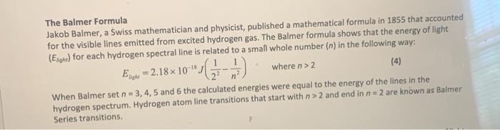 Solved The Balmer Formula Jakob Balmer, a Swiss | Chegg.com