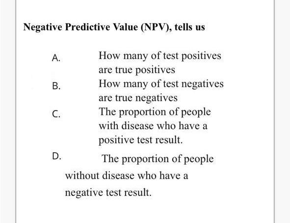Solved Negative Predictive Value (NPV), tells us A. How many | Chegg.com