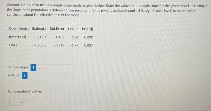 Solved Computer Output For Fitting A Simple Linear Model Is 