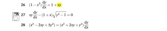 Solved 26(1−x2) dxdy=1+xy 27xy dxdy−(1+x)y2−1=0 | Chegg.com