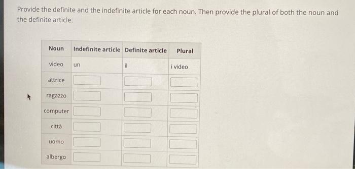Provide the definite and the indefinite article for | Chegg.com