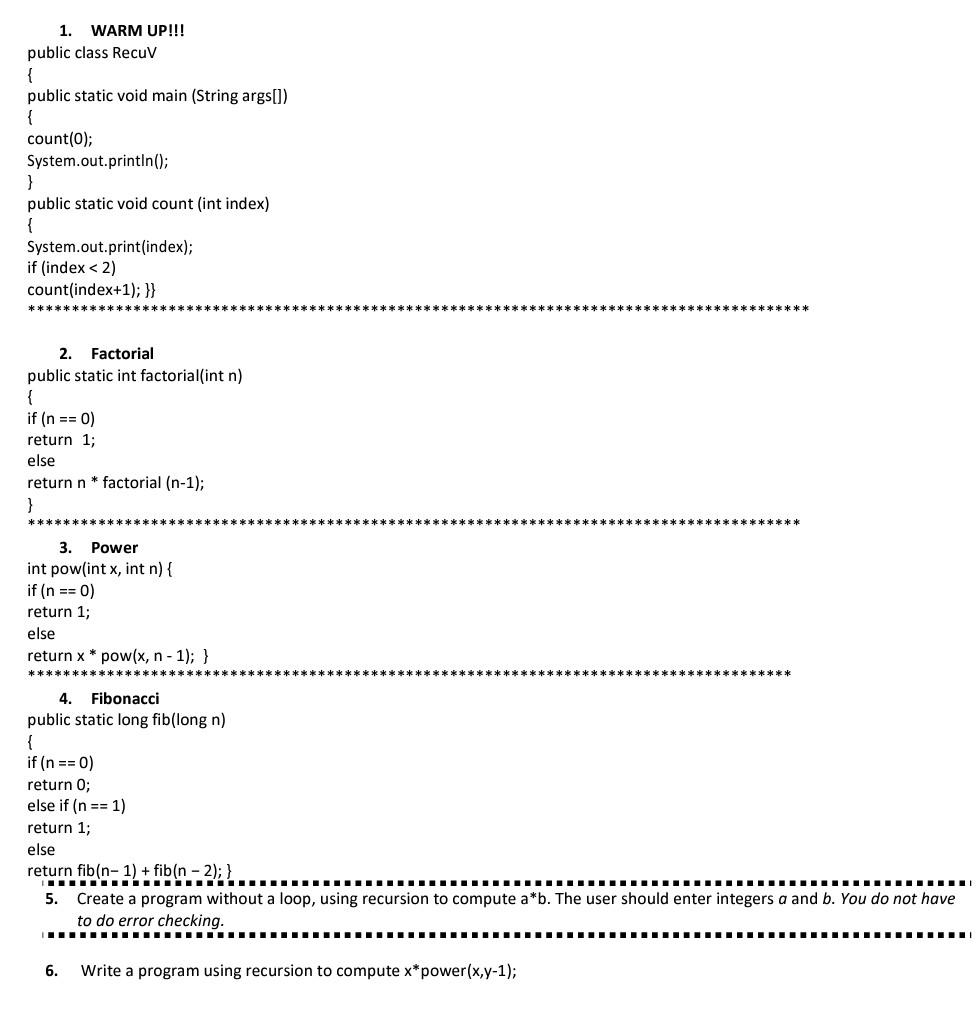Solved 1. WARM UP!!! public class RecuV \{ public static | Chegg.com
