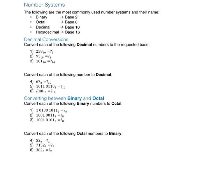 Solved Number Systems The following are the most commonly | Chegg.com