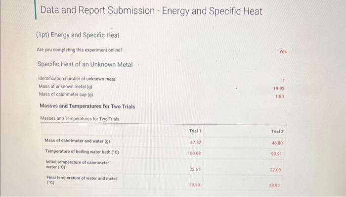 Solved Data and Report Submission - Energy and Specific | Chegg.com