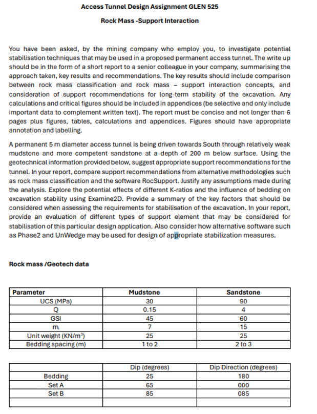 Solved Access Tunnel Design Assignment GLEN 525Rock Mass | Chegg.com