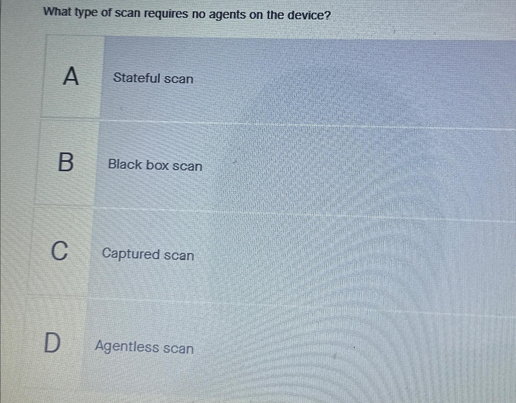 Solved What type of scan requires no agents on the | Chegg.com