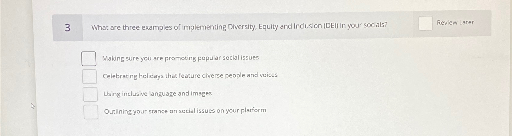Solved 3 ﻿What are three examples of implementing Diversity, | Chegg.com