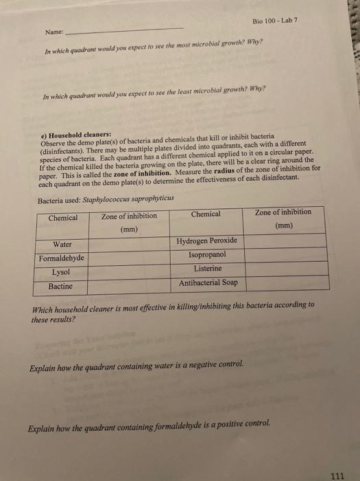 Solved Bio 100 - Lab 7 Name: In which quadrant would you | Chegg.com