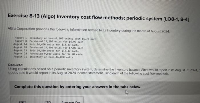 Exercise 8-13 (Algo) Inventory cost flow methods; | Chegg.com