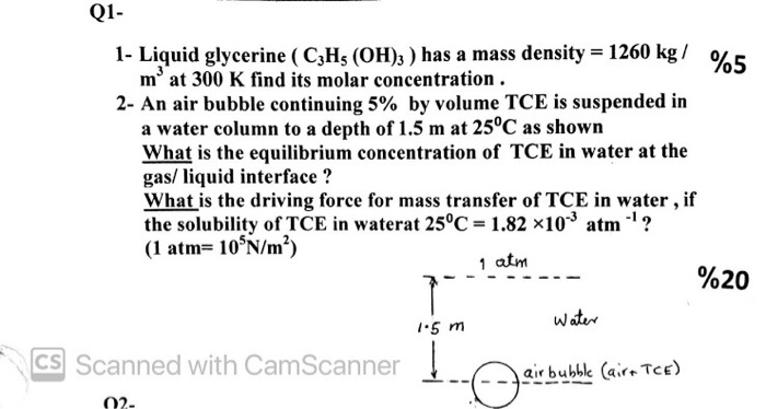 Solved Q1- %5 1- Liquid glycerine ( CzHs (OH)3 ) has a mass | Chegg.com