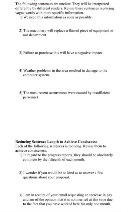 The following sentences are unclear. They will be | Chegg.com