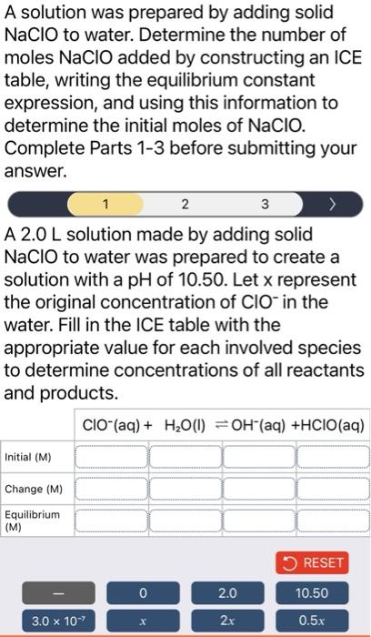 Solved A solution was prepared by adding solid NaClO to | Chegg.com