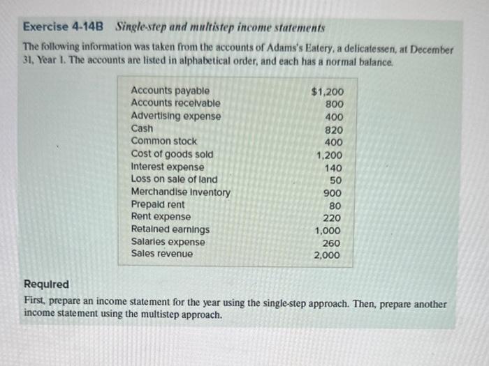 Solved Exercise 4-14B Single-step and multistep income | Chegg.com
