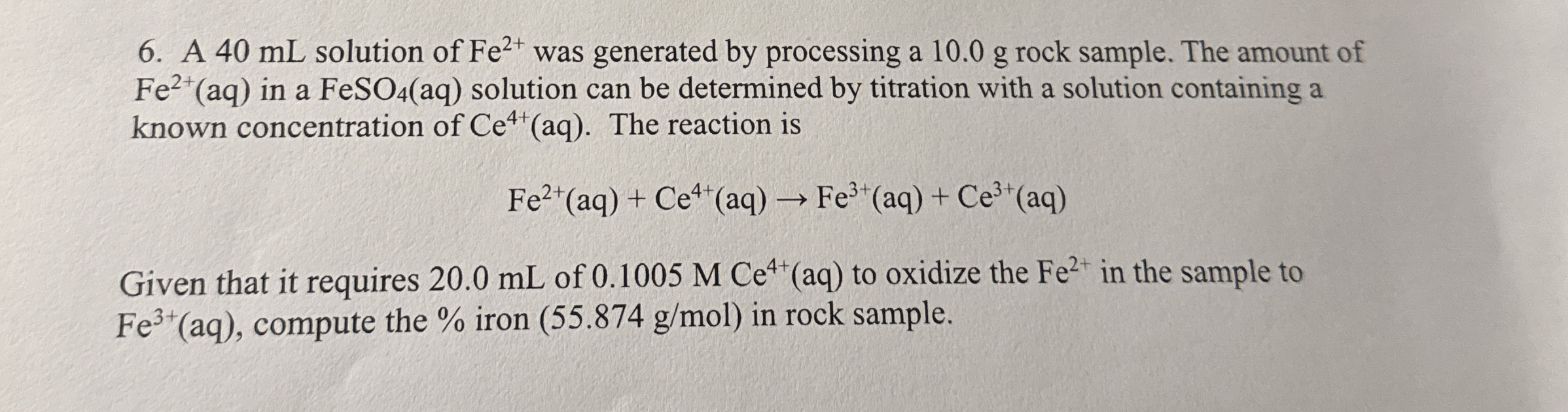 Solved A 40 ﻿mL solution of Fe2+ ﻿was generated by | Chegg.com