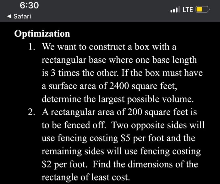 Solved 6:30 Safari Optimization 1. We want to construct a | Chegg.com