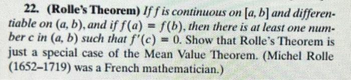 Solved 22. (Rolle's Theorem) Iff is continuous on [a, b] and | Chegg.com