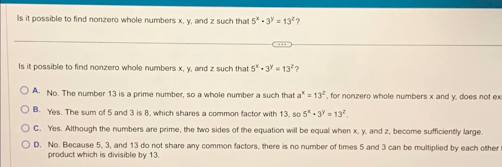 Solved Is it possible to find nonzero whole numbers x,y, | Chegg.com
