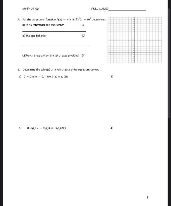 Solved MHF4U1-02 FULL NAME: 4. For the polynomial function | Chegg.com