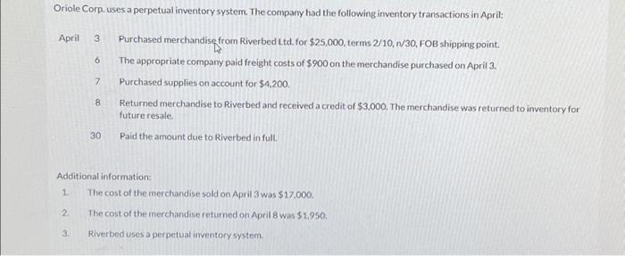 Solved Oriole Corp. uses a perpetual inventory system. The | Chegg.com