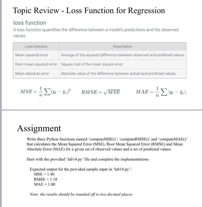 Solved Topic Review - Loss Function for Regression loss | Chegg.com