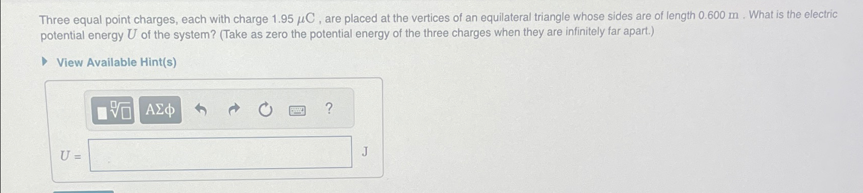Solved Three equal point charges, each with charge 1.95μC, | Chegg.com