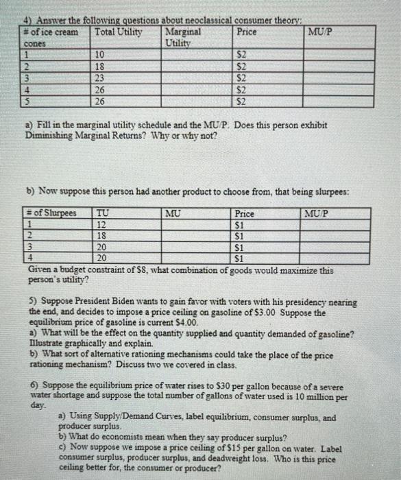 Solved a) Fill in the marginal utility schedule and the MUP. | Chegg.com