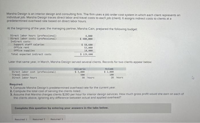 Solved Marsha Design is an interior design and consulting | Chegg.com