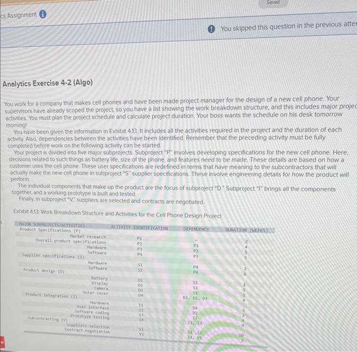 Analytics Exercise 4-2 (Algo) You work for a company | Chegg.com