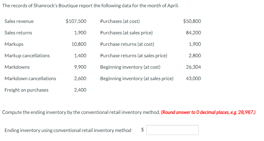 Solved Ending Inventory using conventional retail inventory | Chegg.com