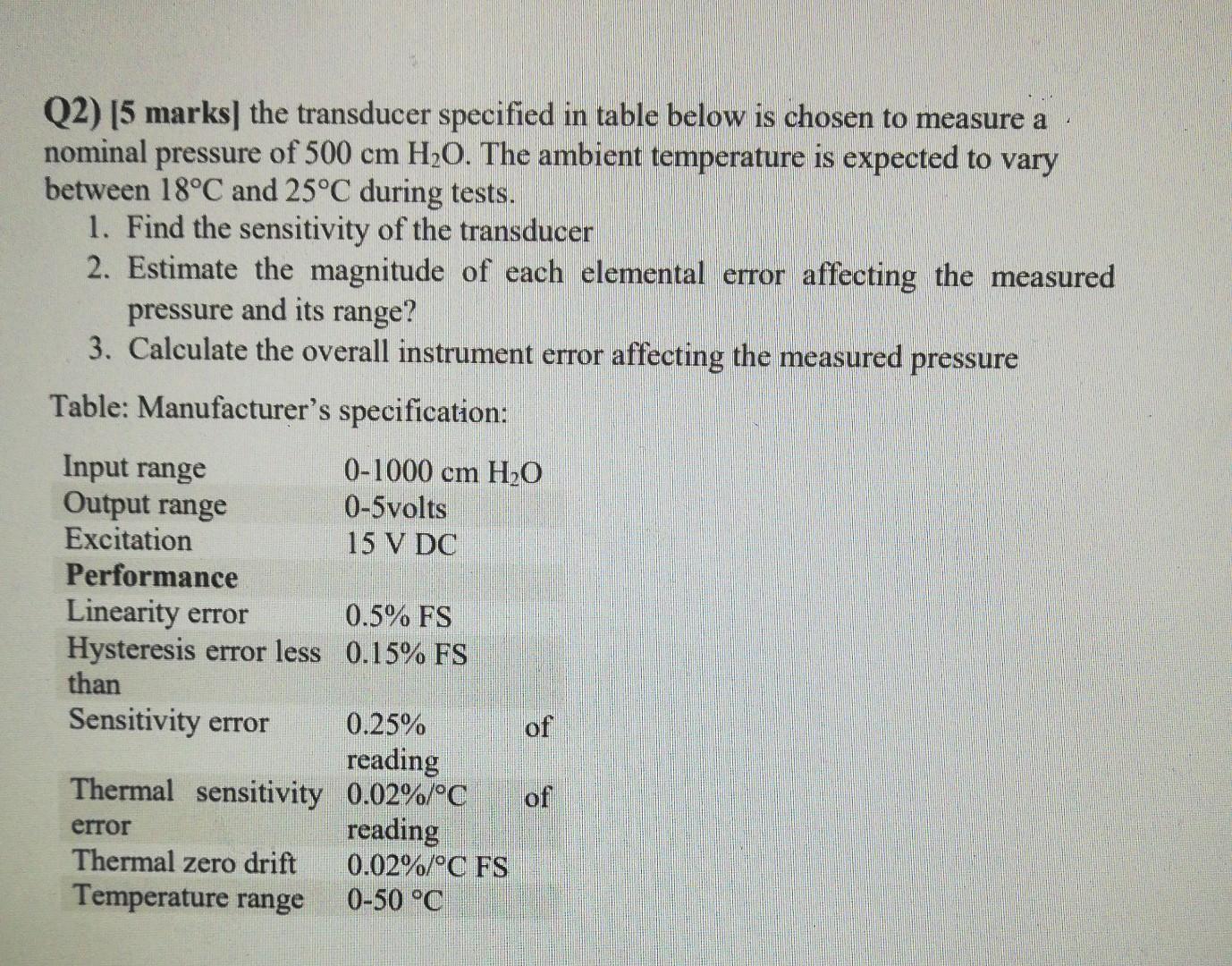 Solved Q2) (5 marks the transducer specified in table below | Chegg.com