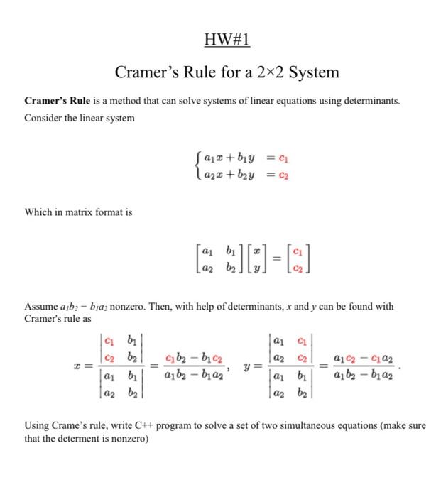 Solved HW#1 Cramer's Rule for a 2x2 System Cramer's Rule is | Chegg.com