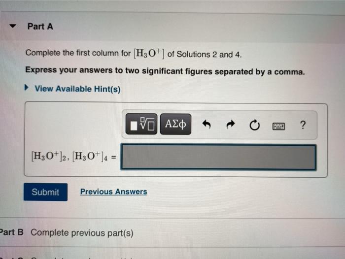 Solved Part A Complete the first column for [H3O+] of | Chegg.com