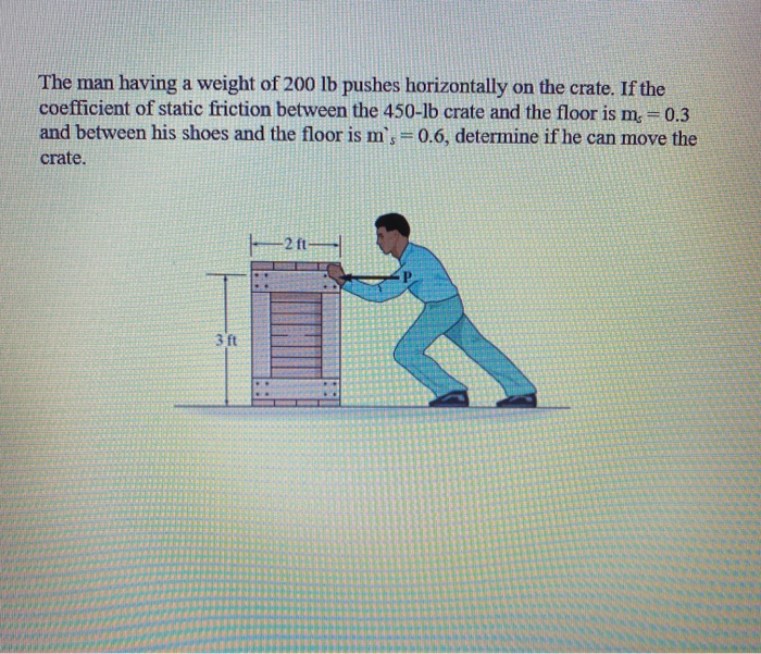 Solved The Man Having A Weight Of 200 Lb Pushes Horizontally