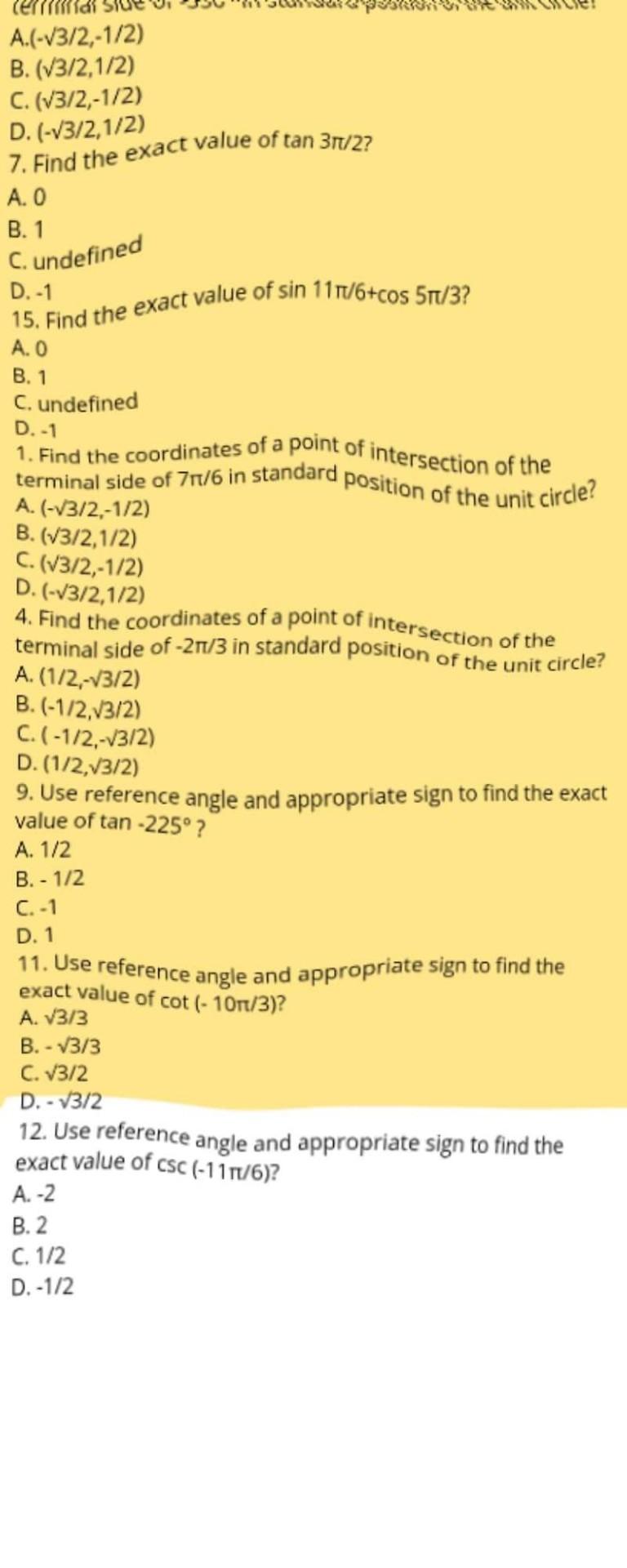 Solved D. (0,1) 10. Use reference angle and appropriate sign | Chegg.com