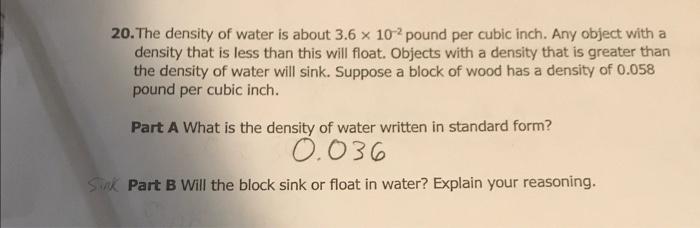 Solved 20. The density of water is about 3.6×10−2 pound per | Chegg.com