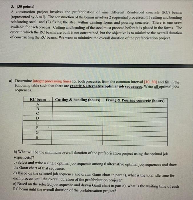 3. (30 points) A construction project involves the | Chegg.com