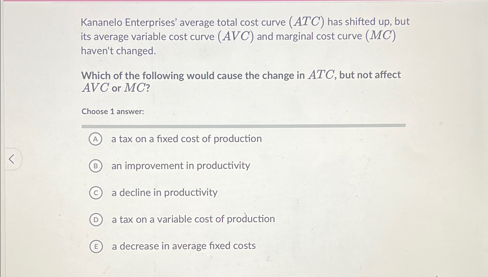 Solved Kananelo Enterprises' average total cost curve (ATC) | Chegg.com