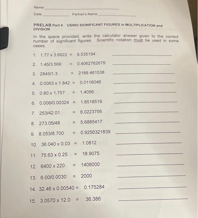 Solved PRELAB Part 4 USING SIGNIFICANT FIGURES in | Chegg.com