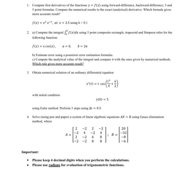 Solved 1. Compute first derivatives of the functions y=f(x) | Chegg.com