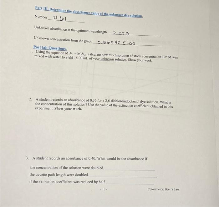 Solved Part III. Determine the absorbance value of the | Chegg.com
