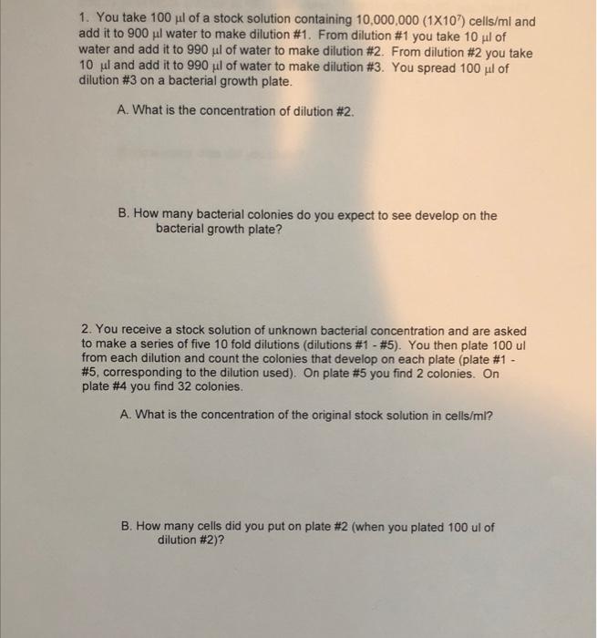 Solved 1. You take 100 ul of a stock solution containing | Chegg.com