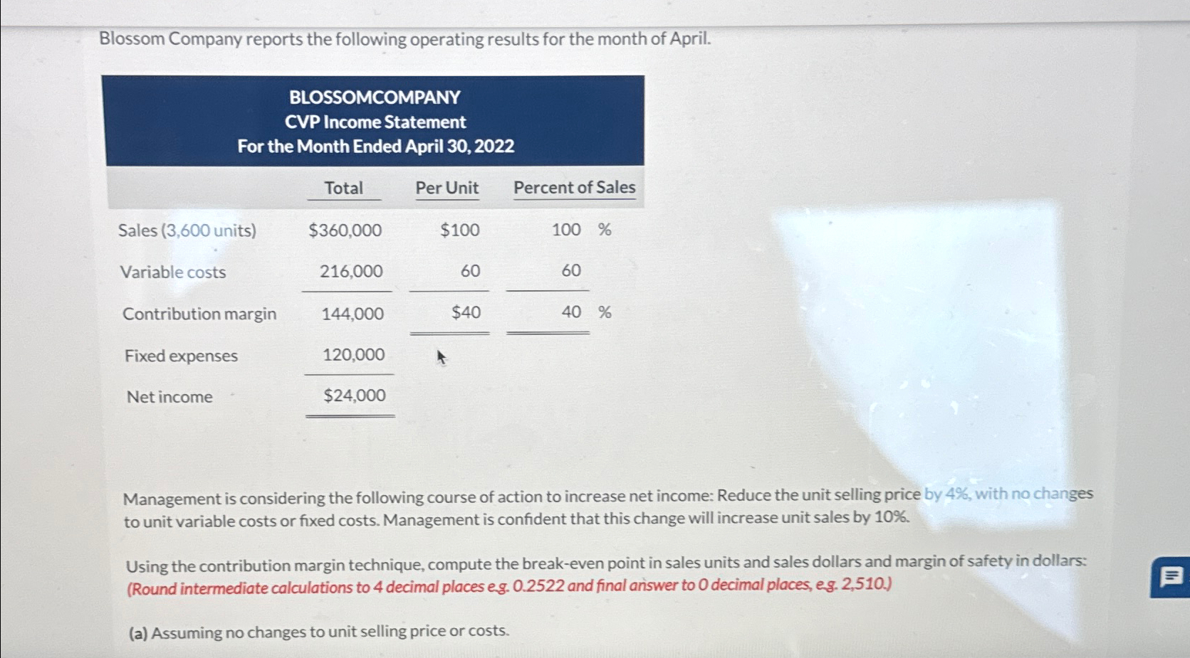 Solved Blossom Company reports the following operating | Chegg.com