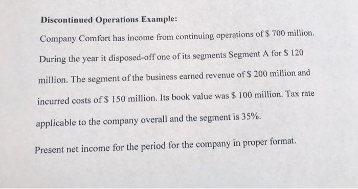 Solved Discontinued Operations Example: Company Comfort has | Chegg.com