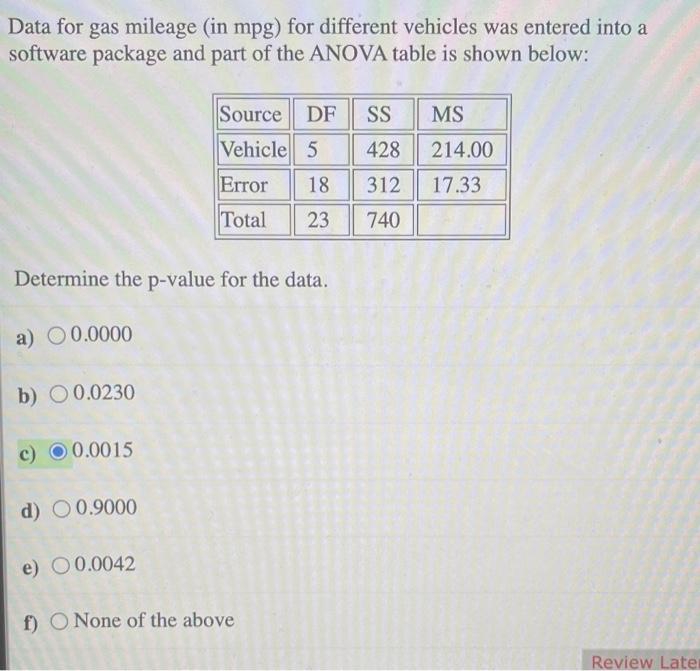 Solved Data for gas mileage (in mpg) for different vehicles | Chegg.com